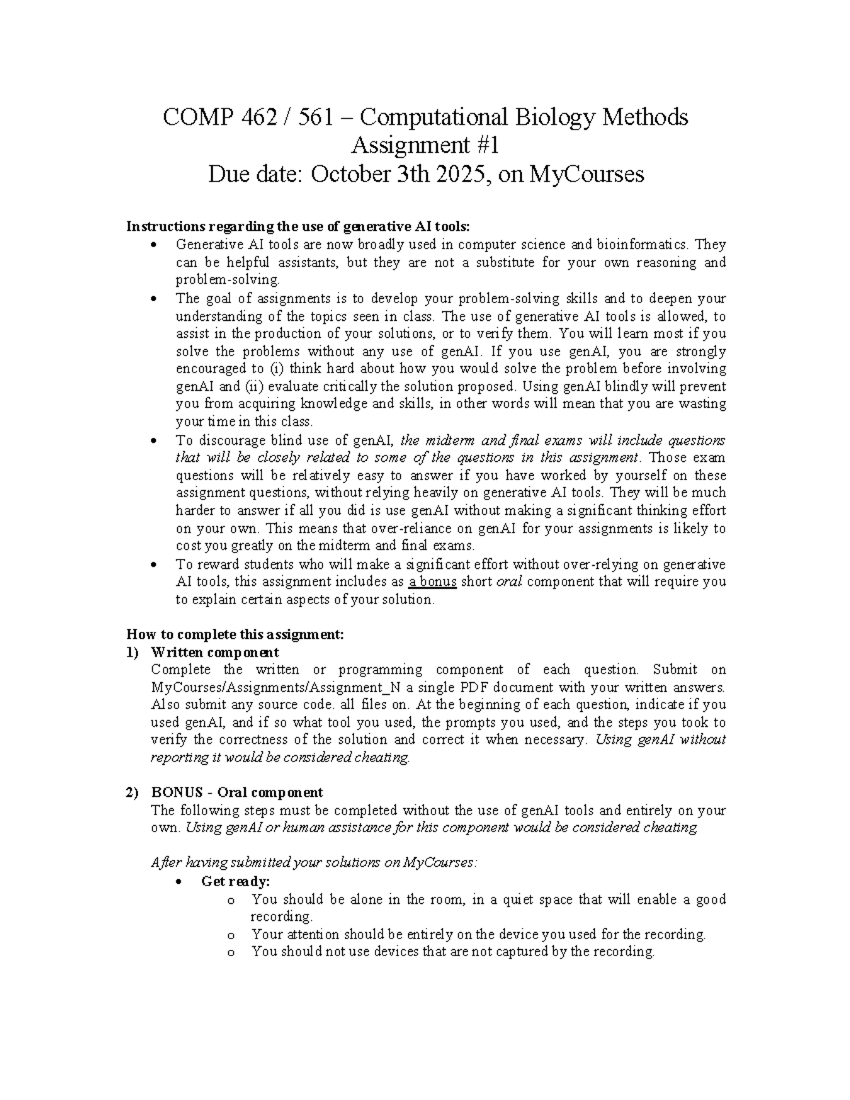 COMP 462 561 Computational Biology Methods Assignment HW1 2025 - Studocu