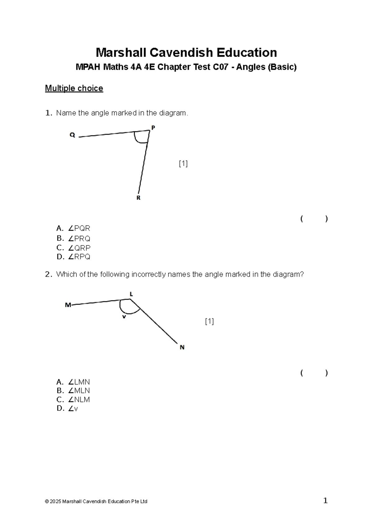 MPAH Maths 4A 4E Chapter Test C07: Angles (Basic) - Studocu
