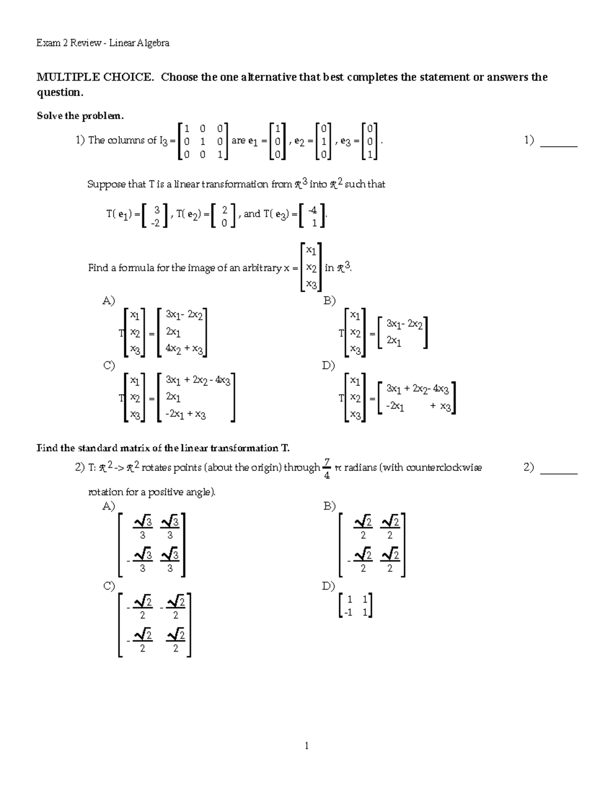 Exam 2 Review - Linear Algebra Multiple Choice Questions - Studocu