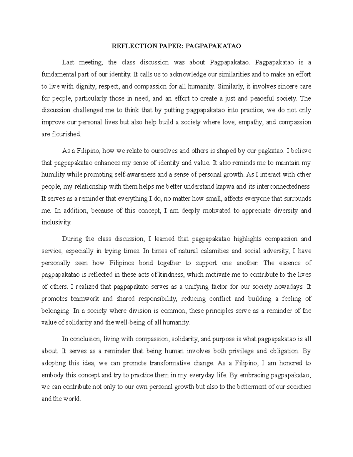 Reflection Paper-Fil Psych - REFLECTION PAPER: PAGPAPAKATAO Last ...