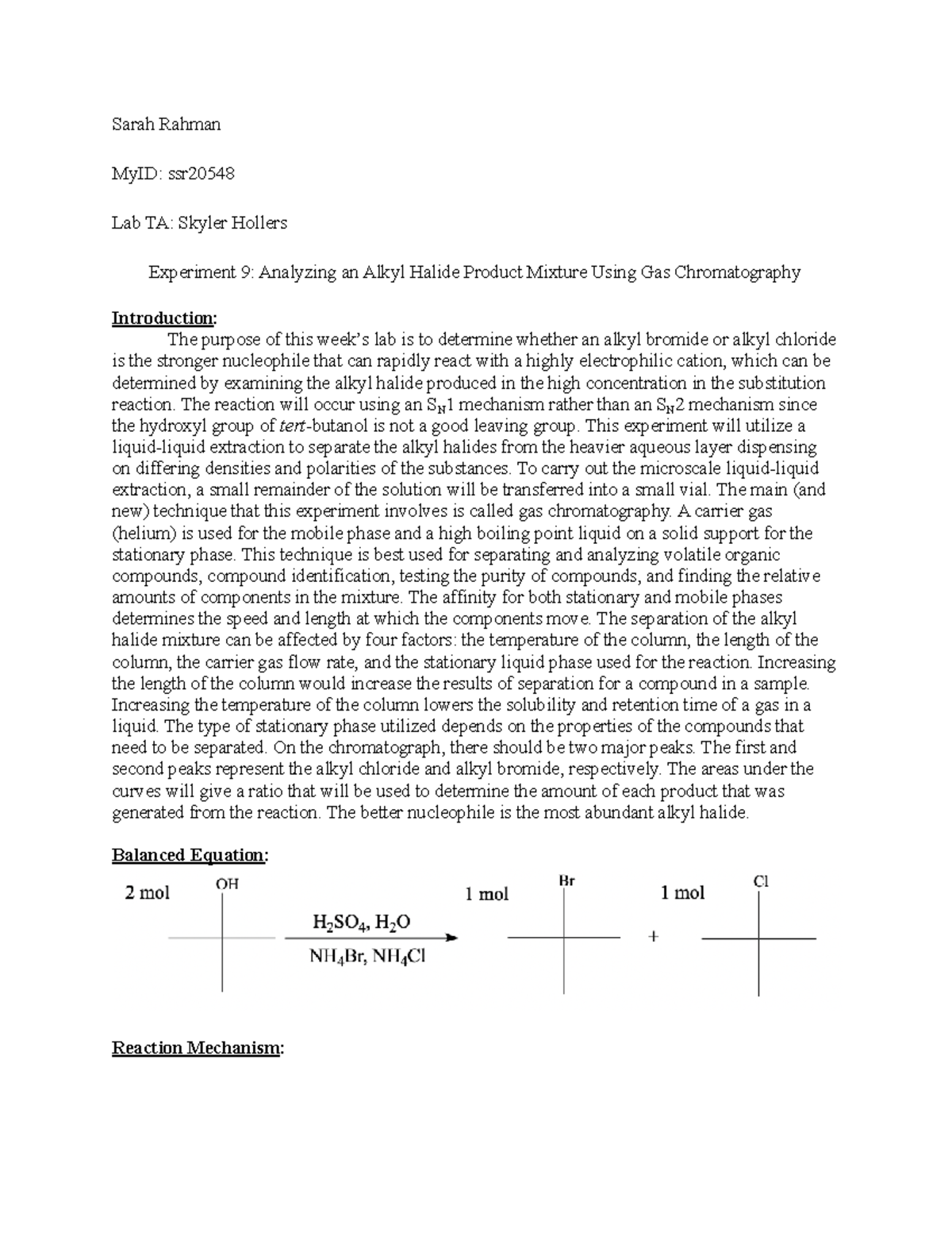 Gas chromatography - lab report - Sarah Rahman MyID: ssr20548 Lab TA ...