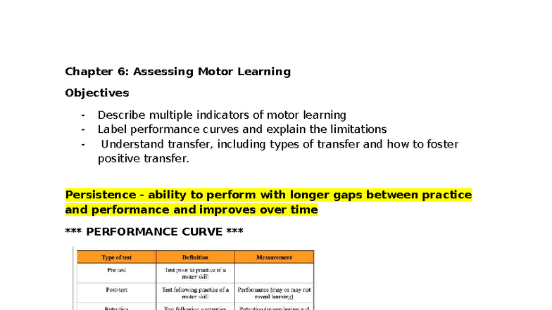Chapter Overview: Motor Learning & Aging Insights (KINE 101) - Studocu