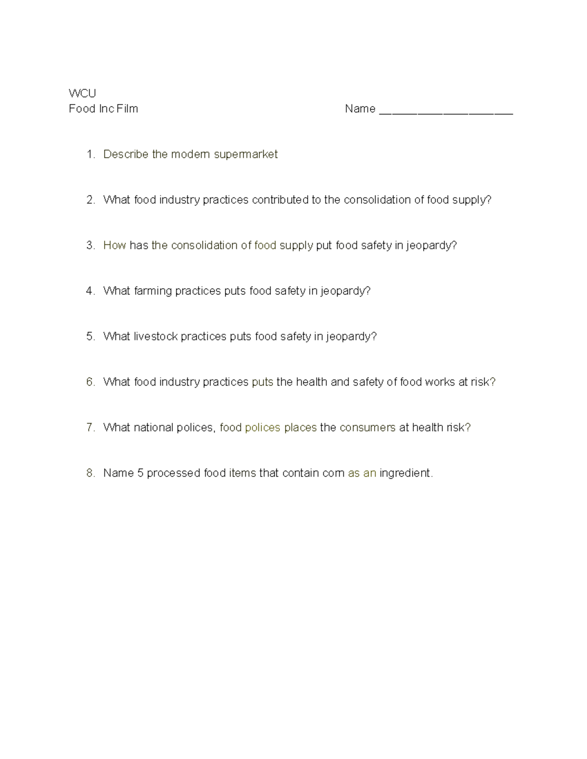 Food Safety Video Handout - Questions - WCU Food Inc Film Name ...
