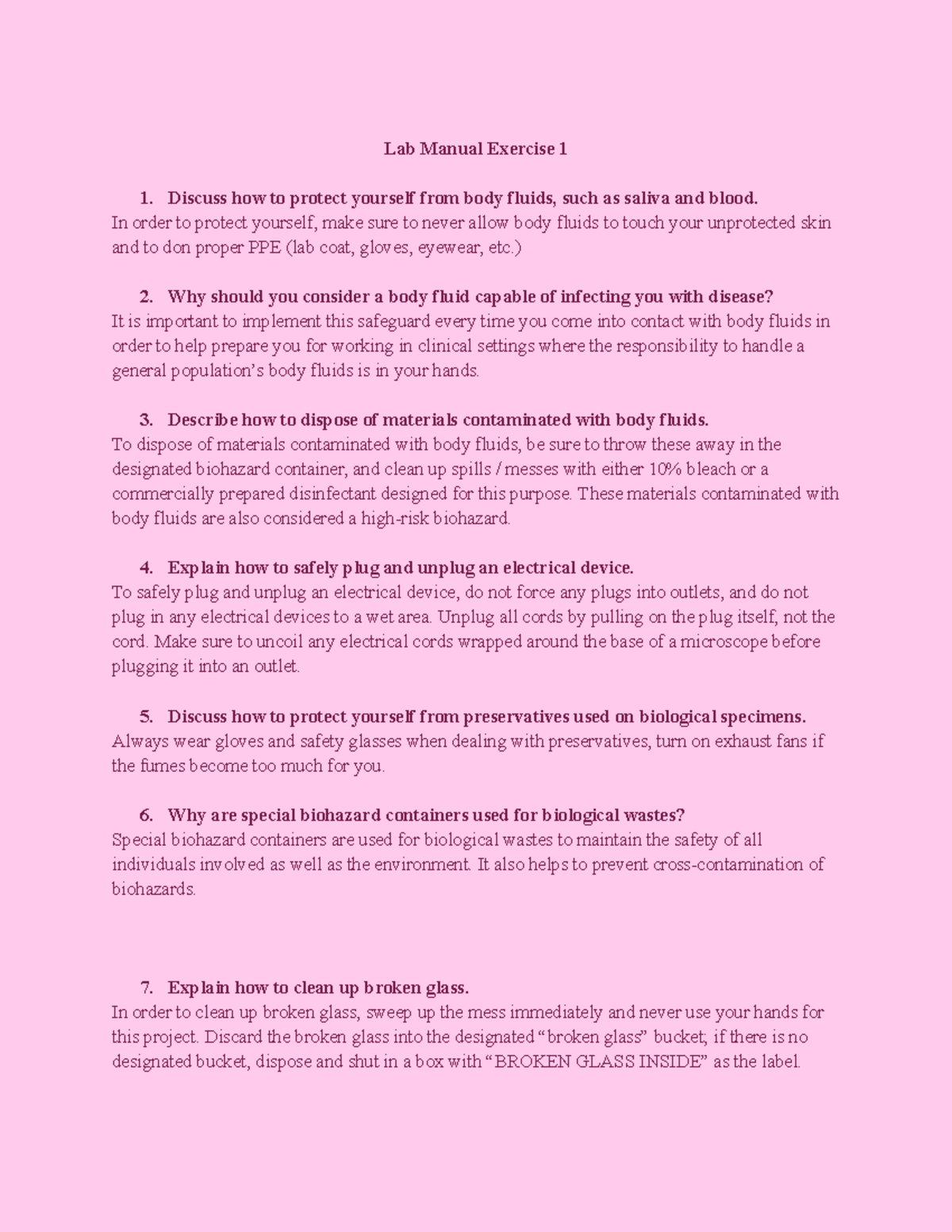 LAB Manual Exercises 1-3: Safety Protocols & Body Systems Overview ...