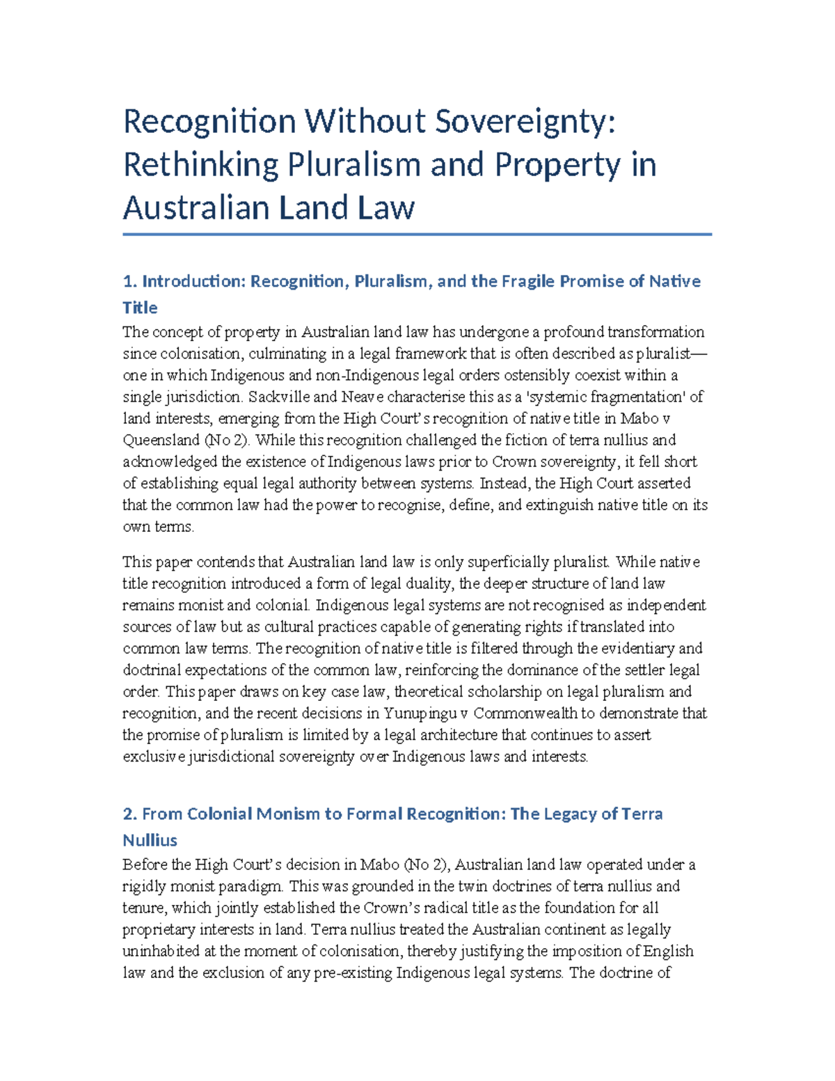 Recognition Without Sovereignty: Rethinking Pluralism in Australian ...