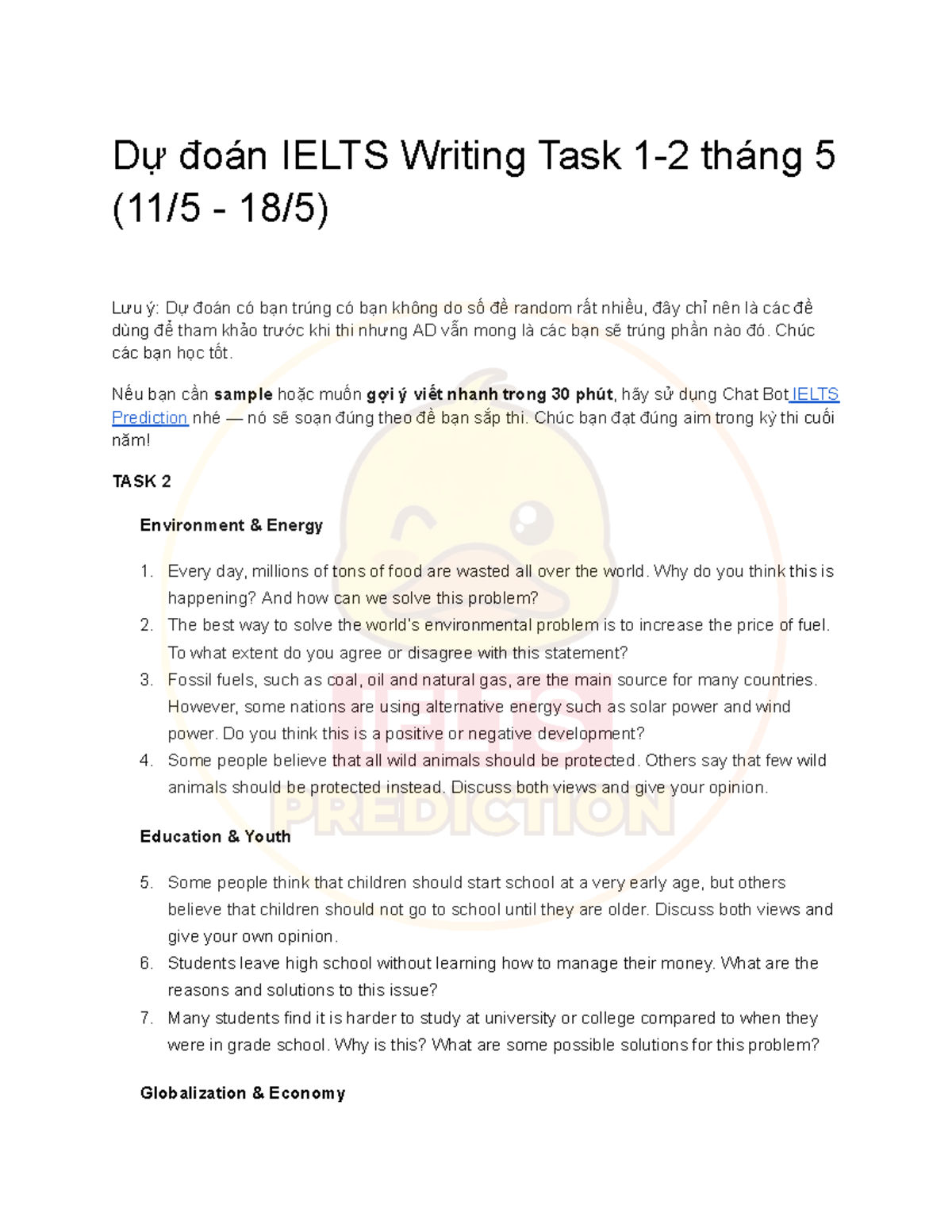 Dự đoán IELTS Writing Task 1-2 tháng 5 (11/5-18/5) - Studocu