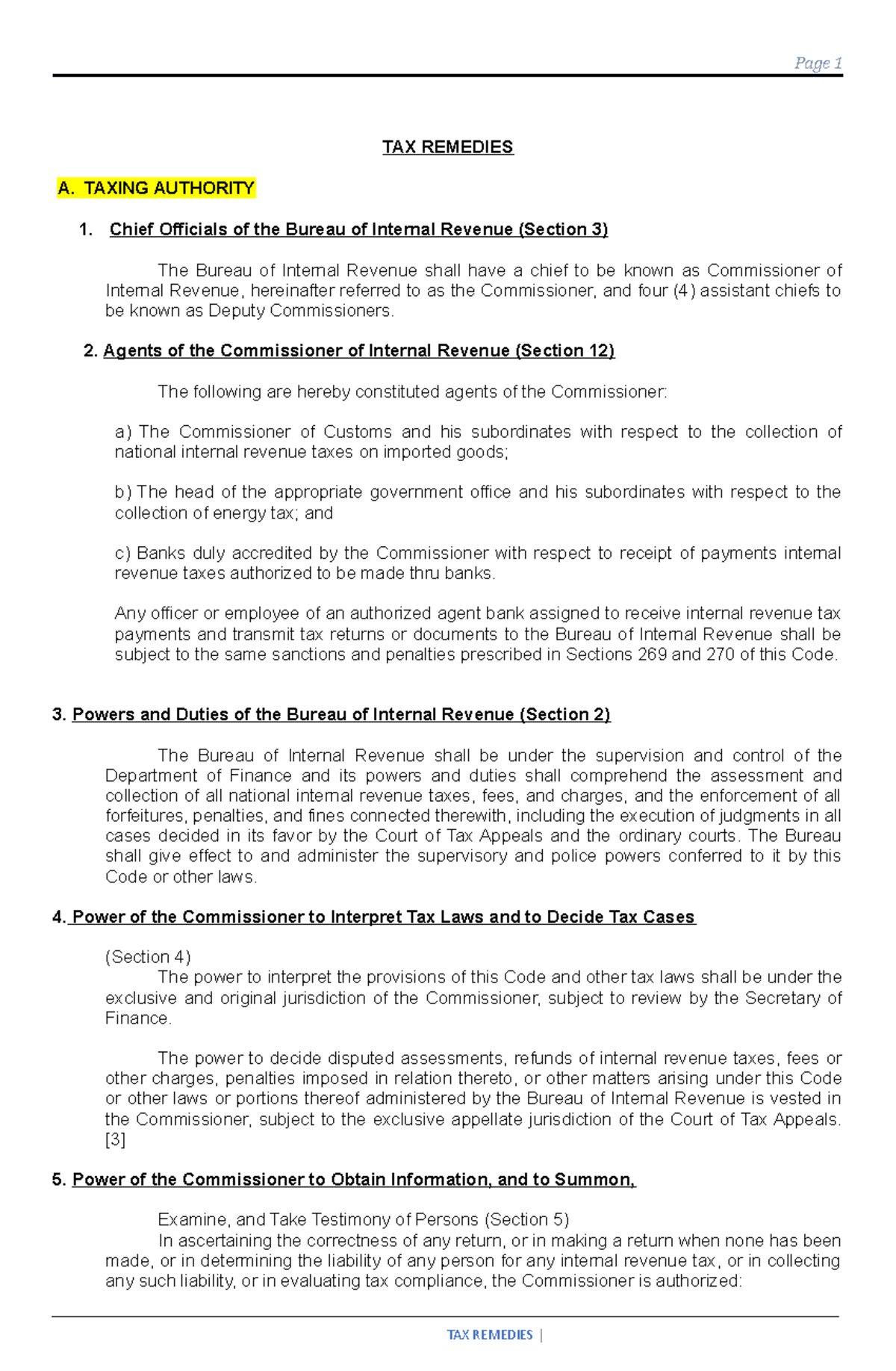 TAX REMEDIES: Overview of Bureau of Internal Revenue Powers and Duties ...