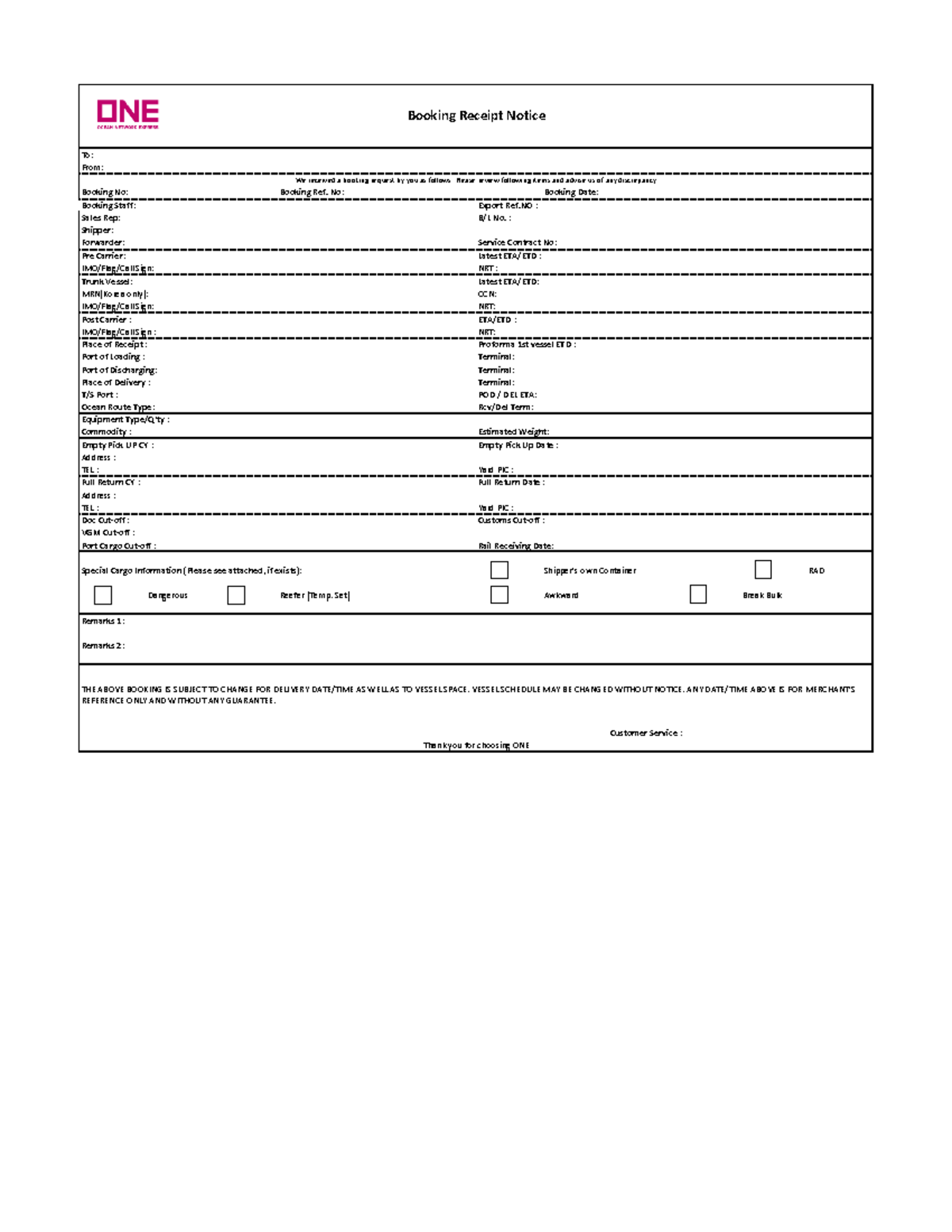 Booking Receipt Notice - ONE Confirmation Document - Studocu