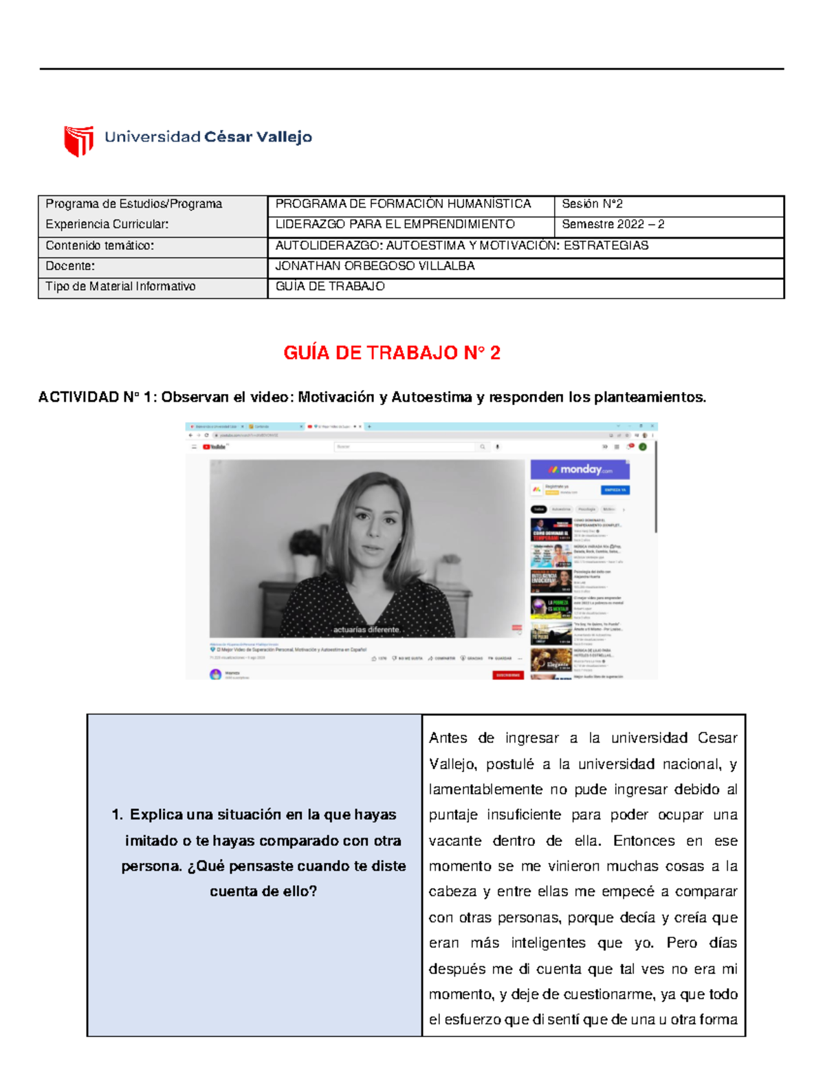 Guía de Trabajo N° 2: Autoestima y Motivación en Liderazgo 2022-2 - Studocu