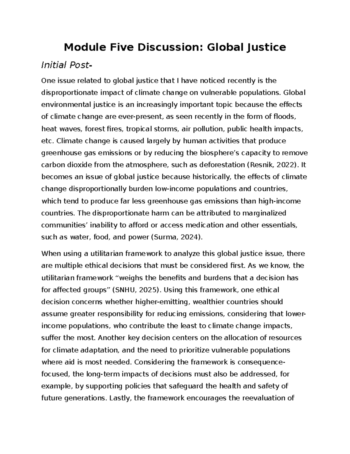 PHL 260 Module 5 Discussion: Climate Change & Global Justice Issues ...
