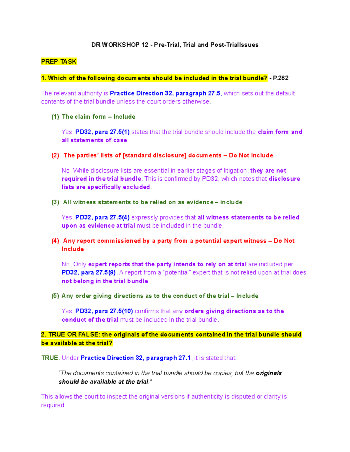 DR WS 12 - Trial Bundle Preparation and Cost Assessment Notes - Studocu