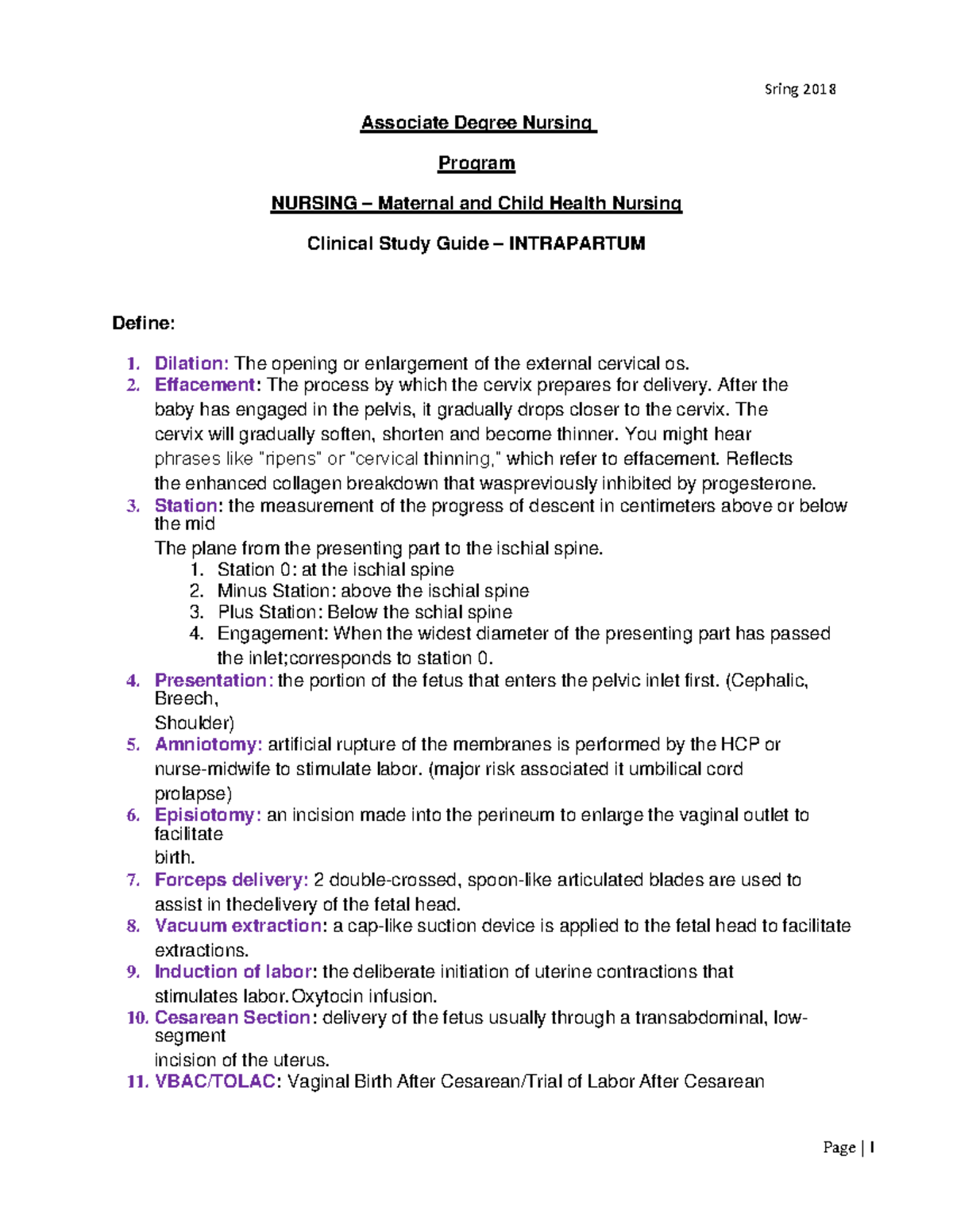 Clinical Study Guide – Intrapartum Nursing Care (NURSING 2018) - Studocu