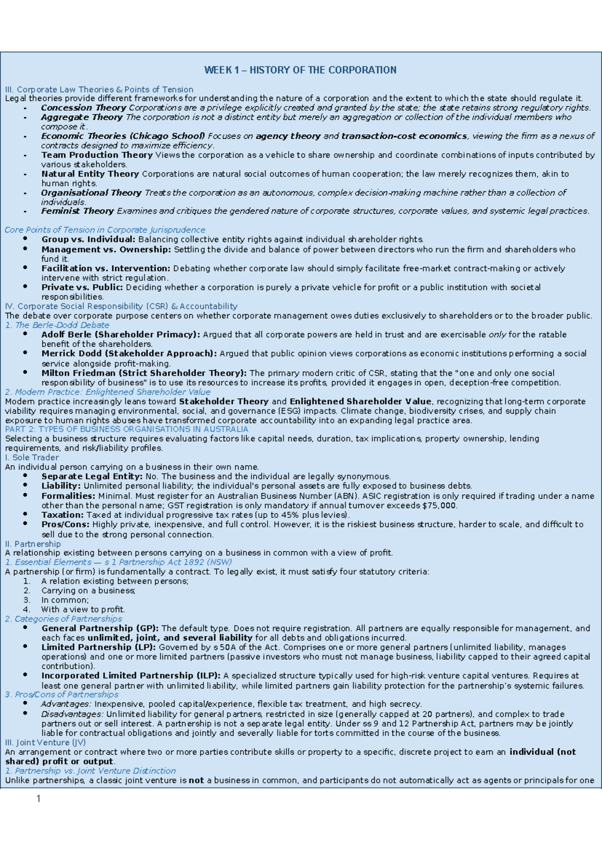 LAWS2300 Week 1-12 Corporate Law Cheat Sheet: Key Theories & Frameworks ...
