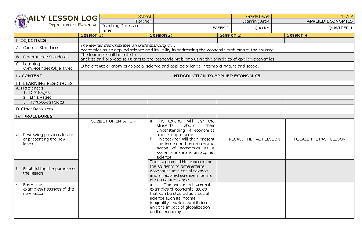 AE Q1 WEEK 1 - Detailed Lesson Plan for Applied Economics - Studocu