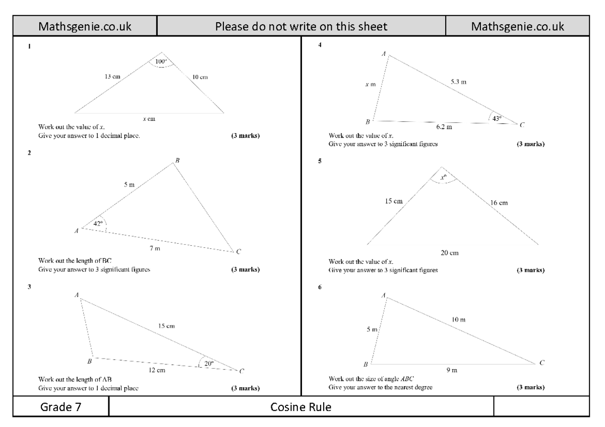 7 cosine rule ws - Maths - Mathsgenie.co Please do not write on this ...