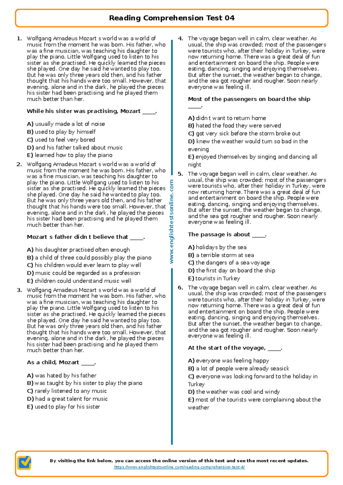 Reading Comprehension Test 04: Analyzing Texts and Questions - Studocu