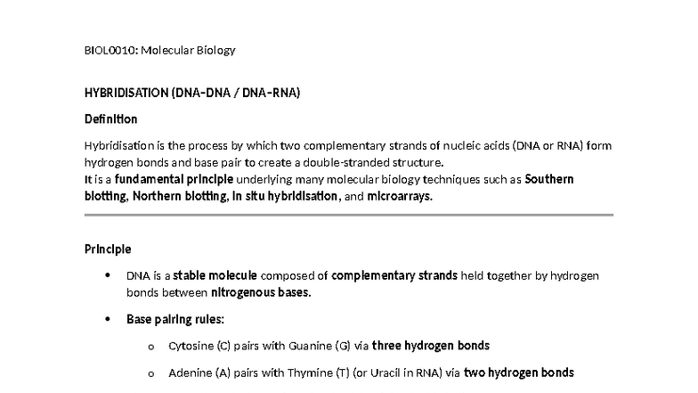BIOL0010: Molecular Biology Hybridisation Notes and Techniques - Studocu