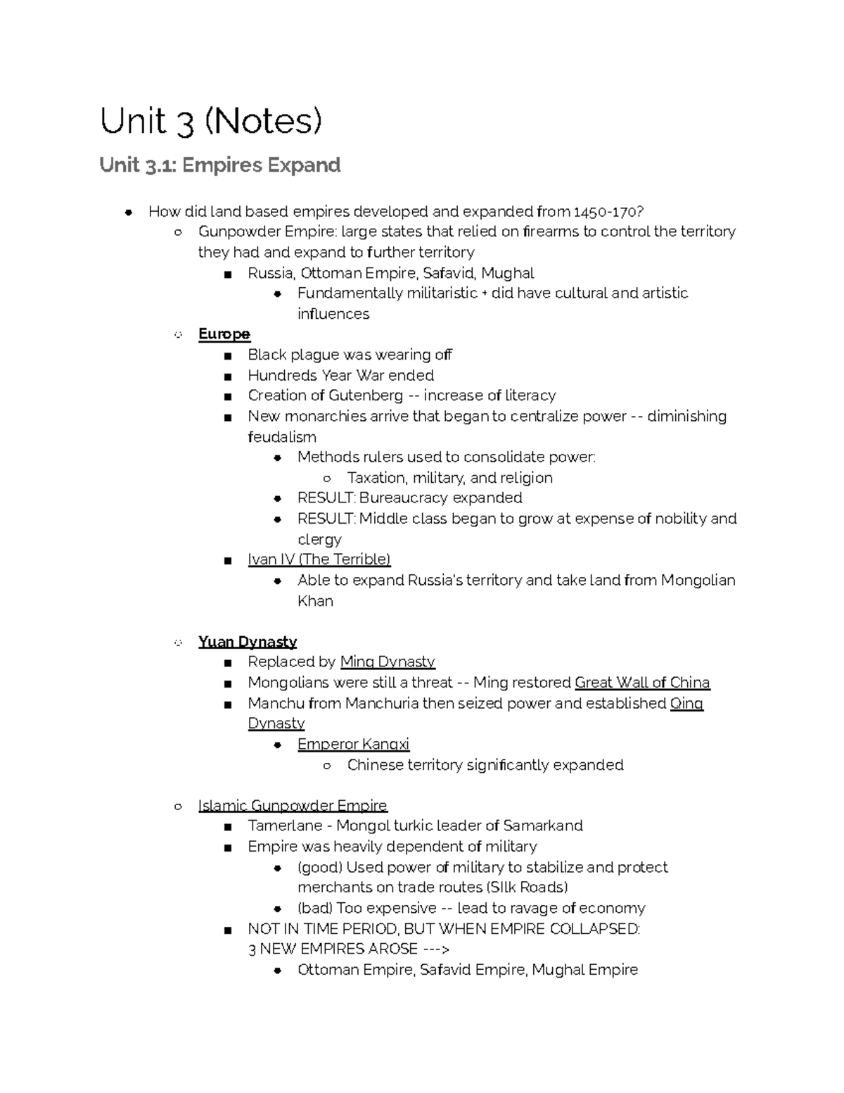 APWH (Period 2 1450-1750) - Unit 3 (Notes) Unit 3: Empires Expand How ...