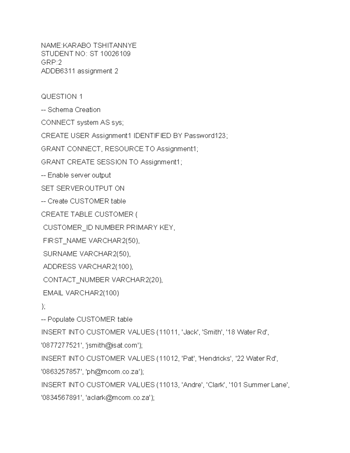 DATABASE6311 Assignment 2: SQL Schema Creation and Data Manipulation ...