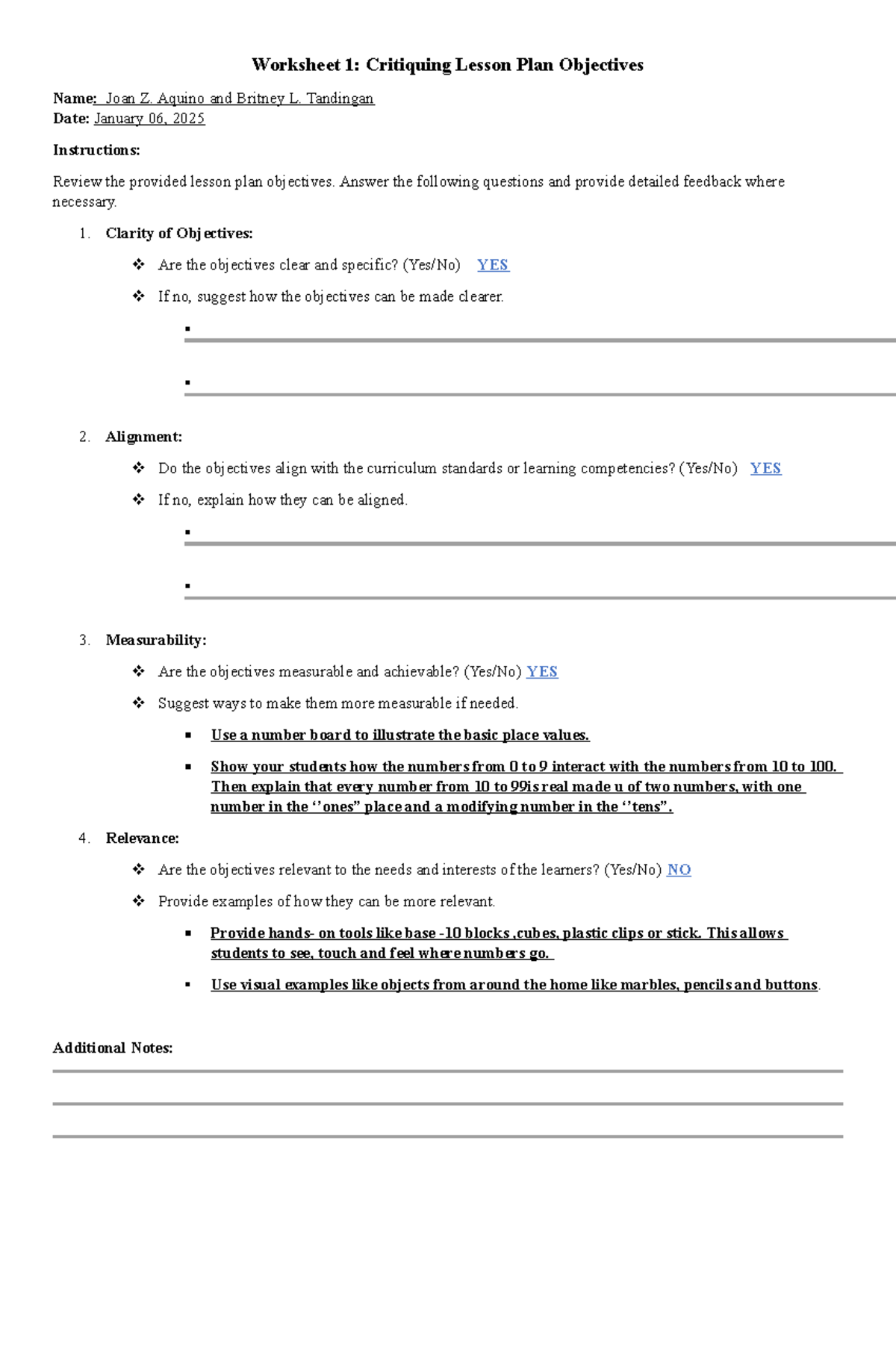 Worksheet 1 - Worksheet 1: Critiquing Lesson Plan Objectives Name: Joan ...
