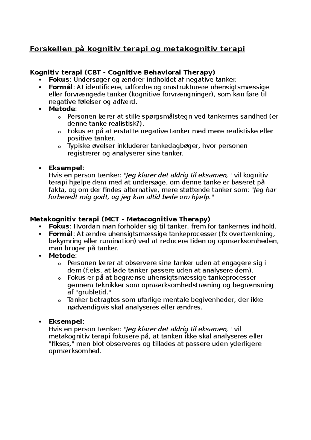 Forskellen mellem Kognitiv og Metakognitiv Terapi: En Analyse - Studocu