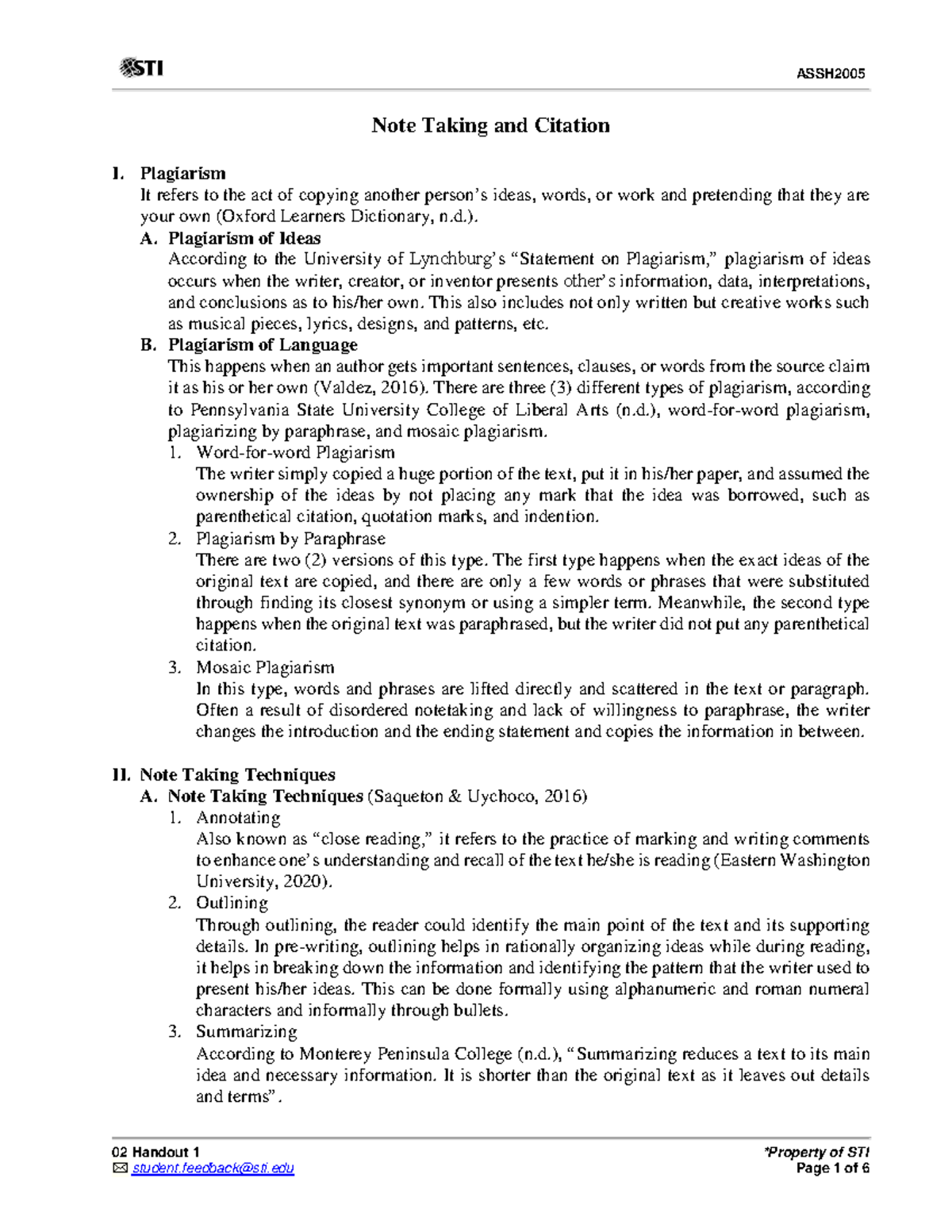 ASSH2005 Note Taking & Citation I: Understanding Plagiarism and ...