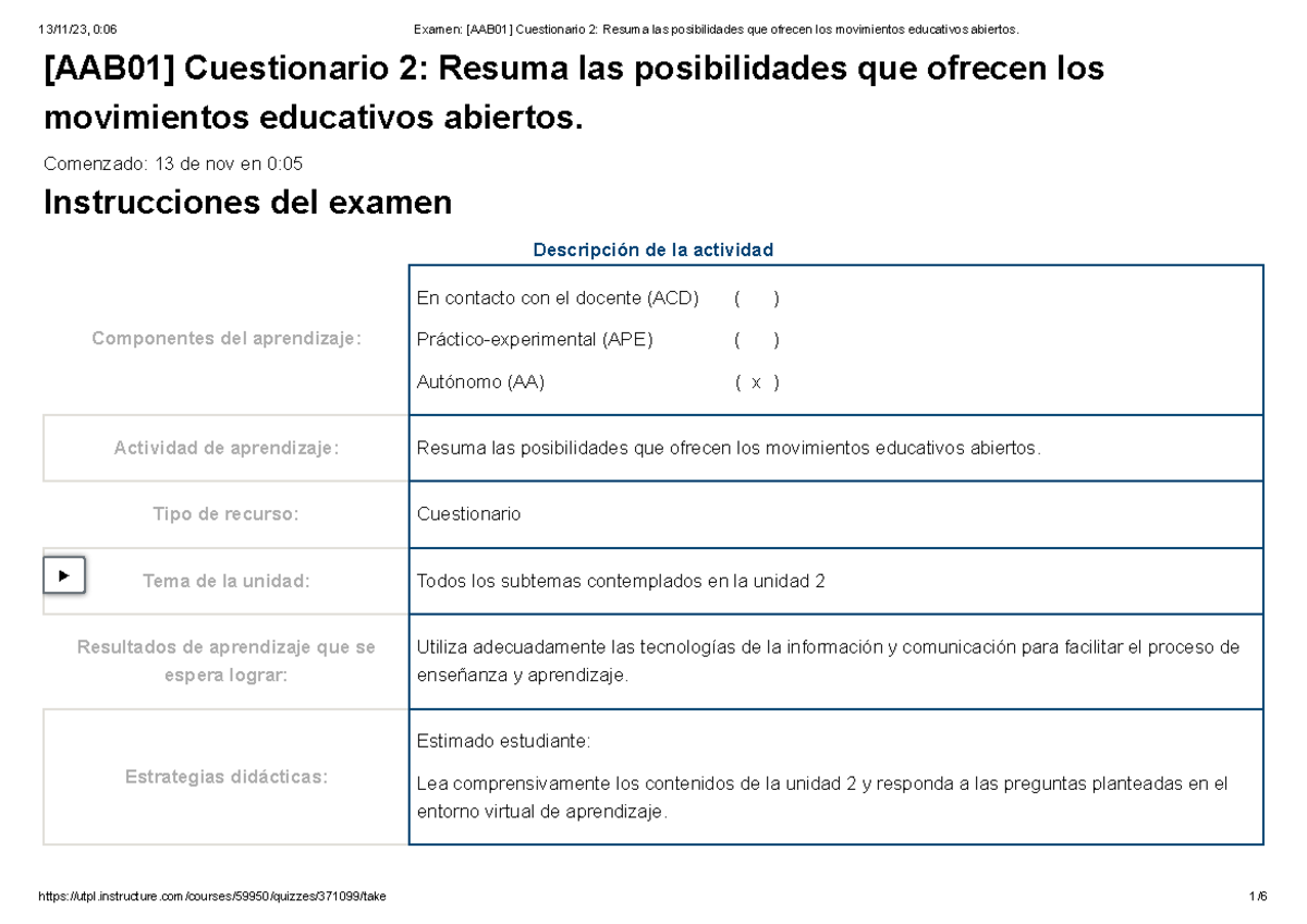 Cuestionario 2 Tecnologias de la educacion - [AAB01] Cuestionario 2 ...