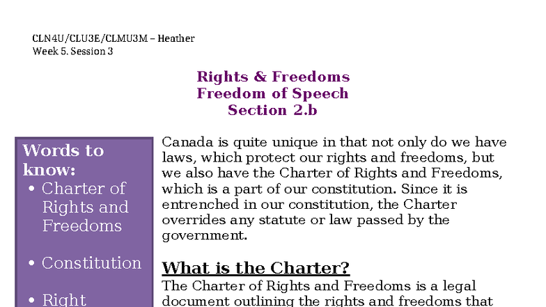 Cln4u - Lecture Notes: Rights, Freedoms & Freedom of Speech - Studocu