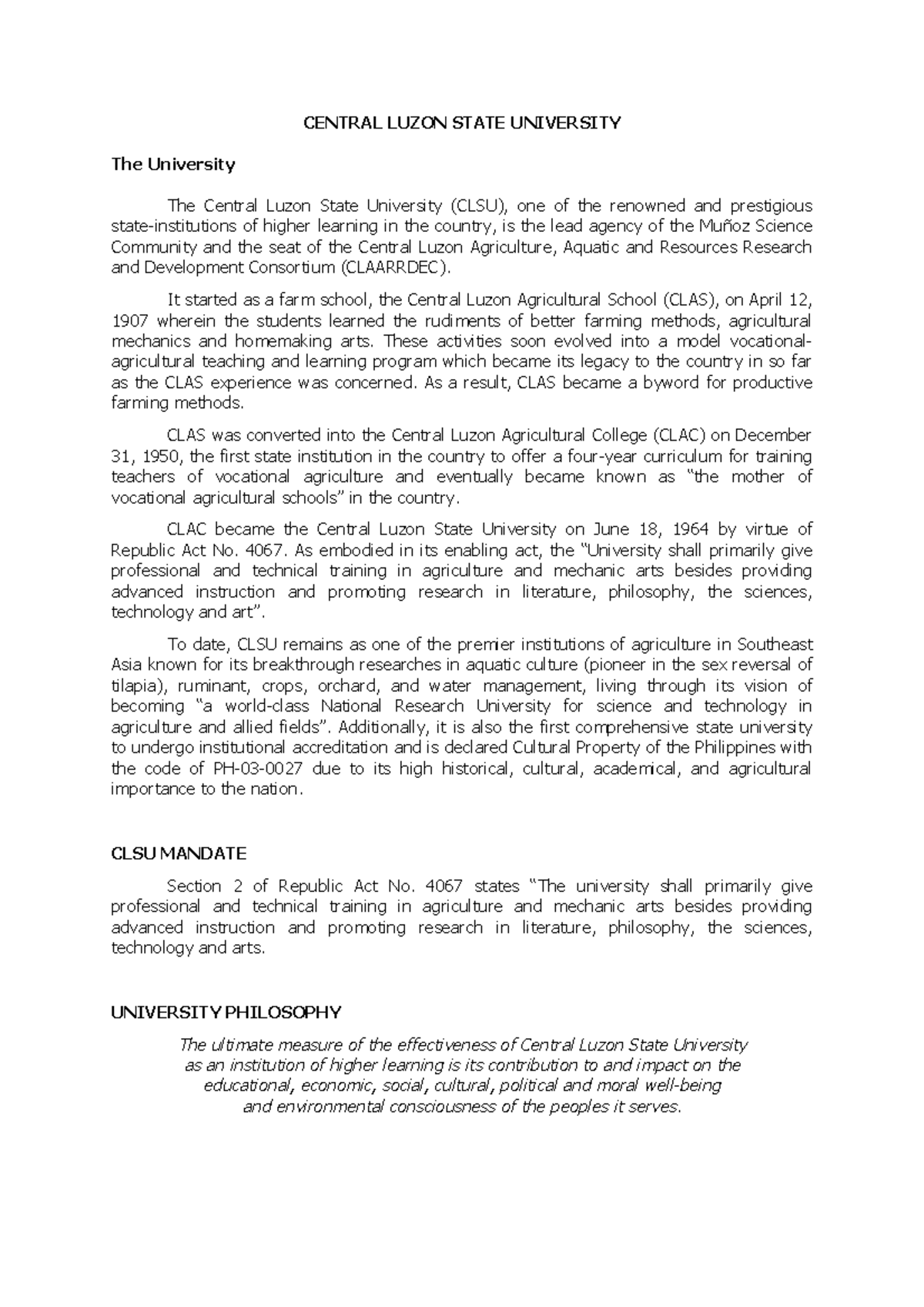 CLSU-VMGO: Vision, Mission, Goals, and Objectives Overview - Studocu