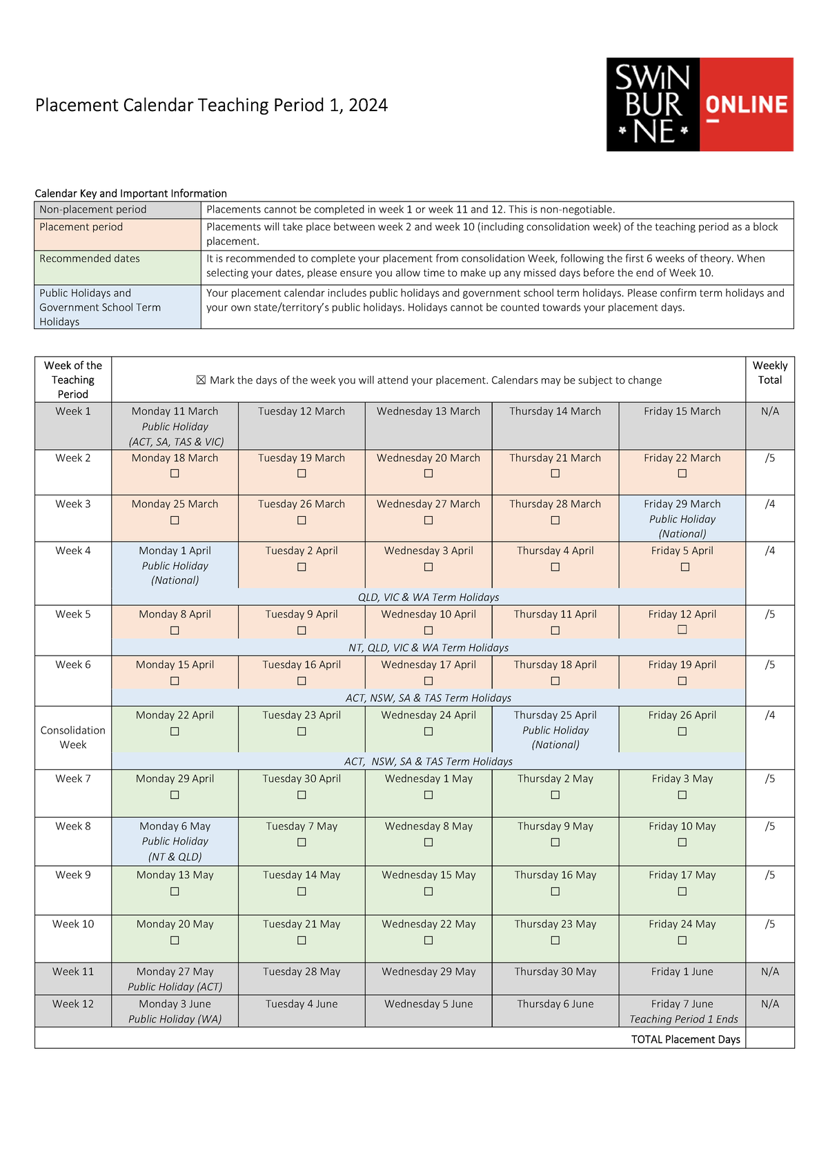 2024 TP1 Placement Calendar: Key Dates and Attendance Checklist - Studocu