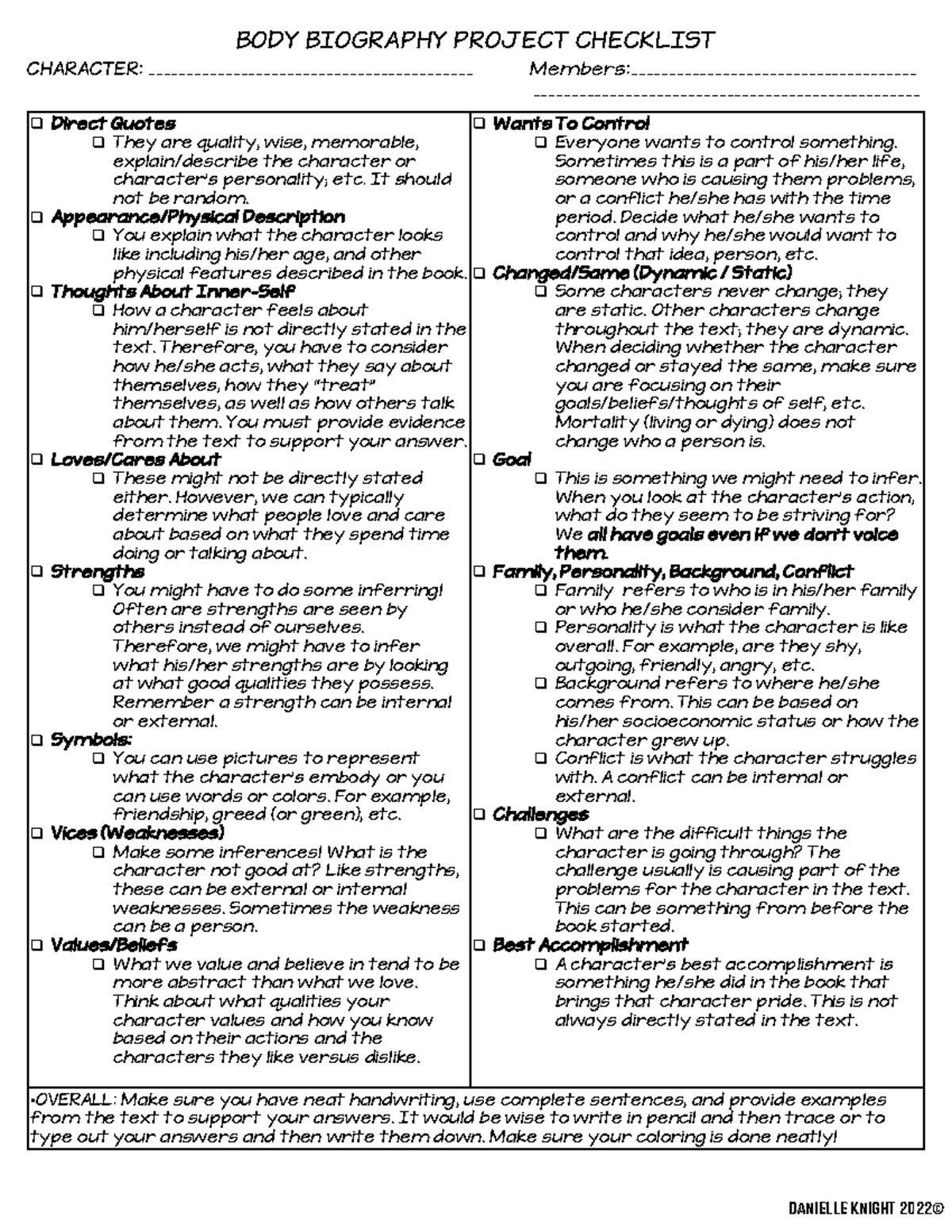 Body Bio Project Checklist for Character Analysis - Studocu