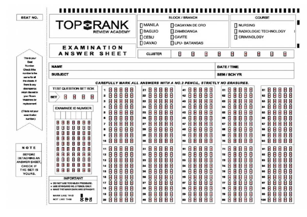 SEAT NO. EXAMINATION ANSWER SHEET FOR NURSING REVIEW - Studocu