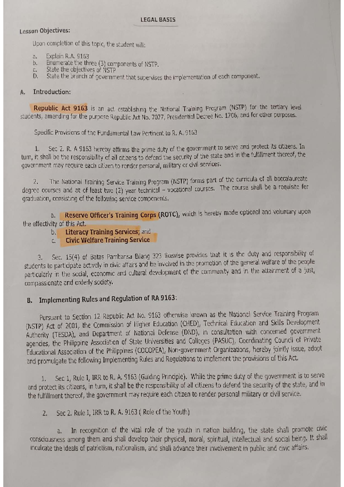 NSTP 101: Legal Basis and Objectives of R.A. 9163 Lesson - Studocu