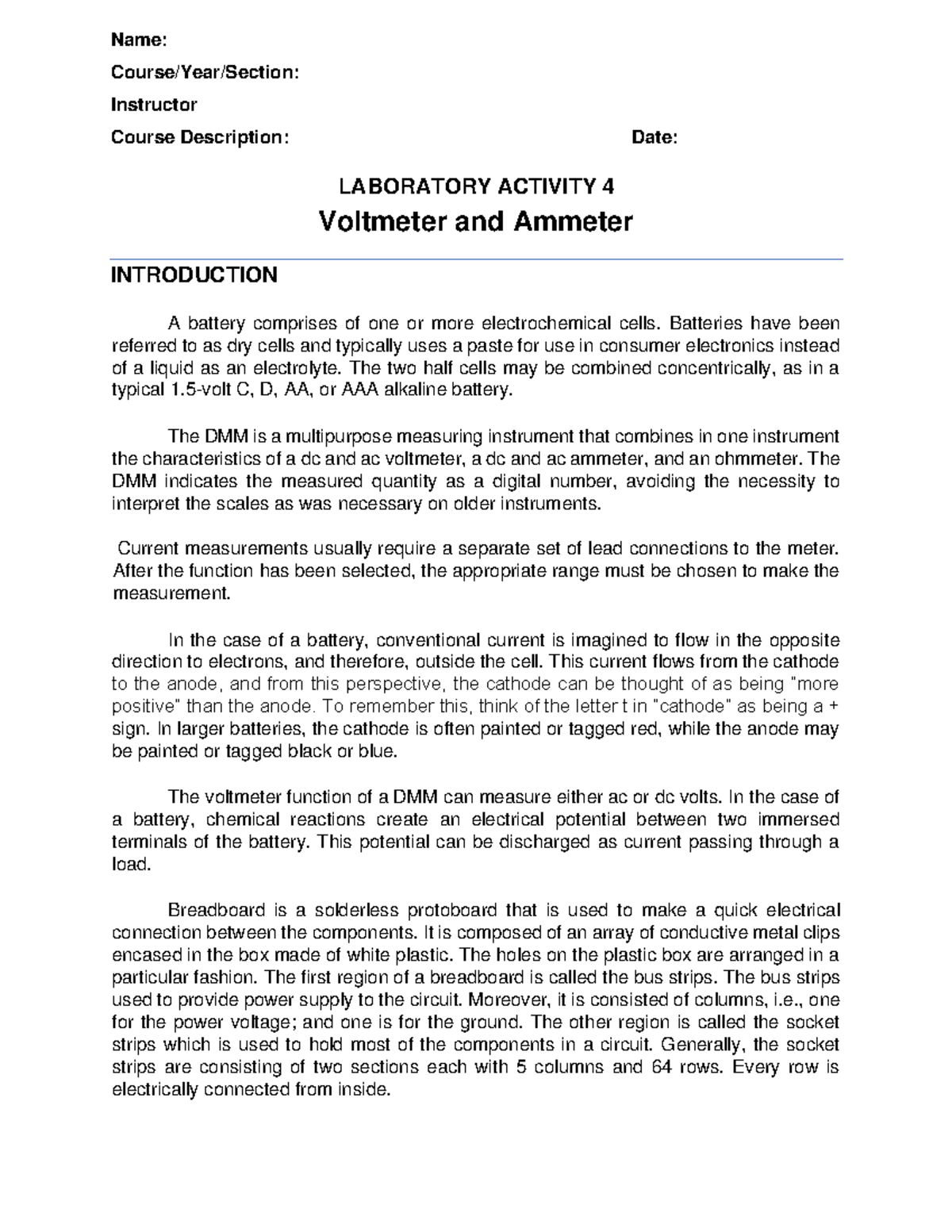 WS 4 Laboratory Activity: Operating Voltmeter and Ammeter Functions ...