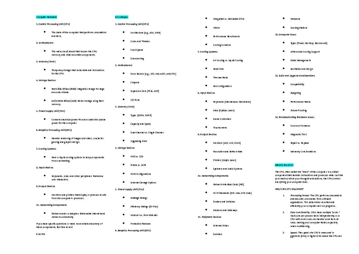 Computer Hardware Overview: Key Components and Functions - Studocu