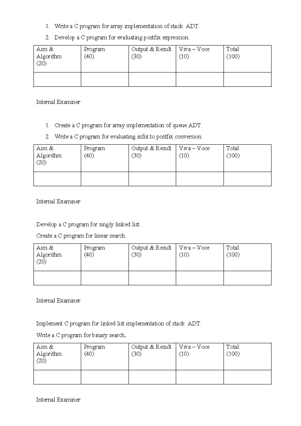 DS LAB QP - Practice exercises - Write a C program for array implementation of stack ADT ...