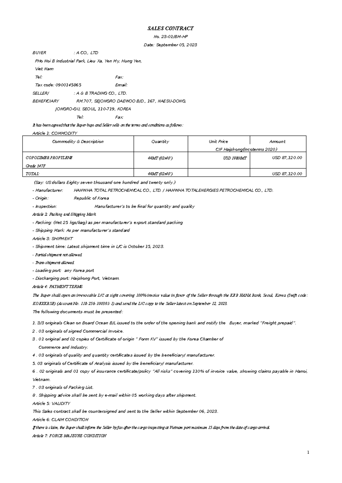 SALES CONTRACT No. 2023-09-05: COPOLYMER PROPYLENE Purchase Agreement ...