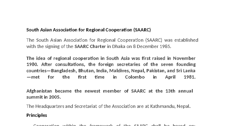 SAARC: Principles, Members, and Regional Cooperation Overview - Studocu