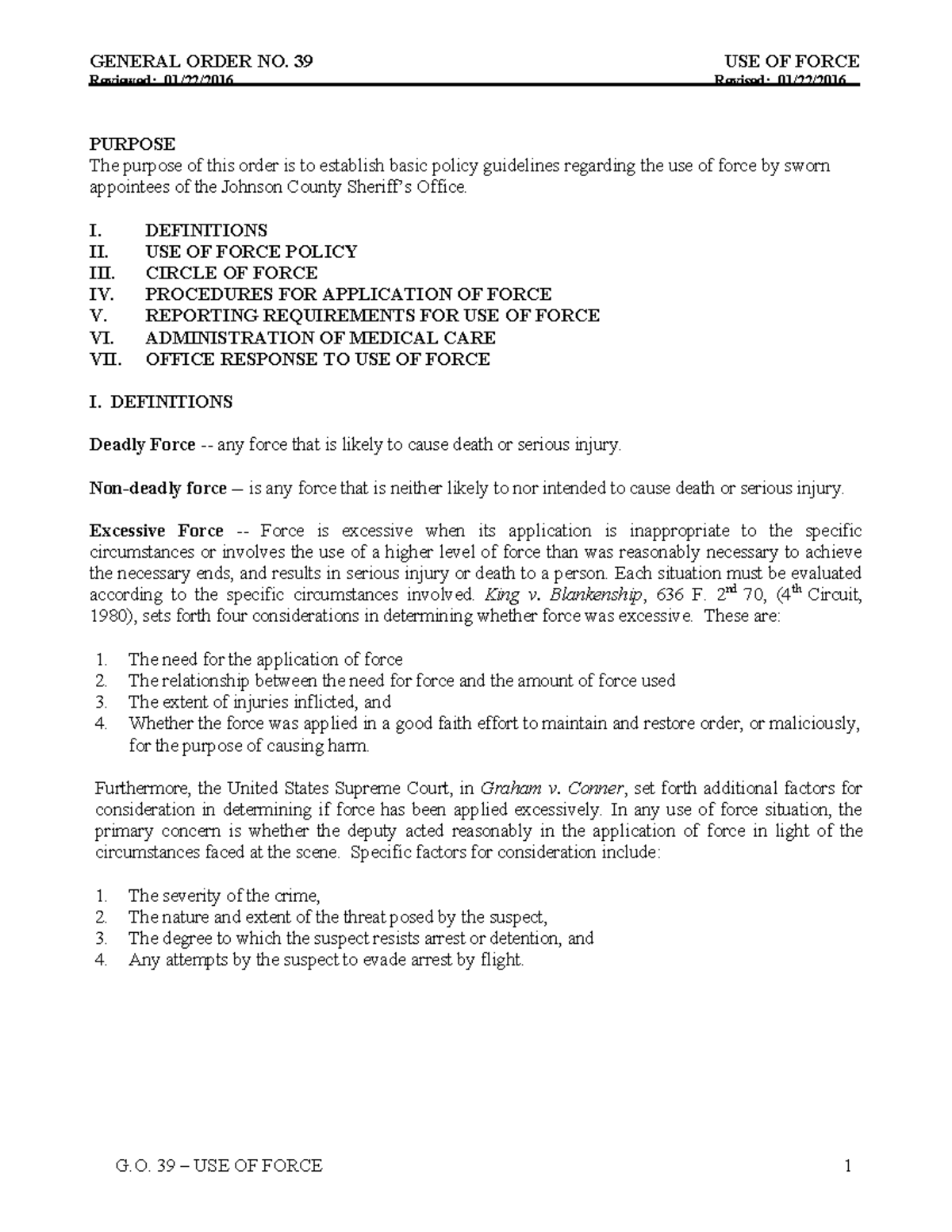 General Order No. 39: Use of Force Policy Overview - Johnson County ...