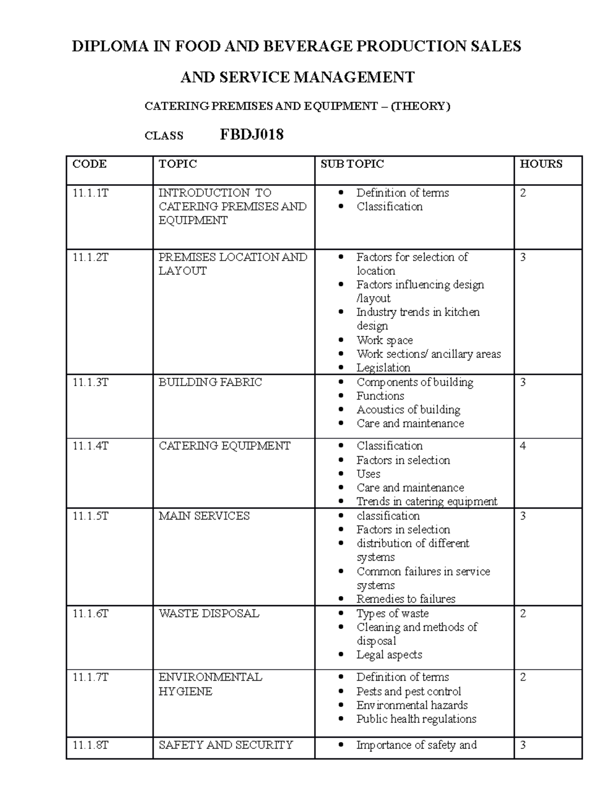 Catering Premises & Equipment Theory - Class FBDJ & FBCF Overview - Studocu