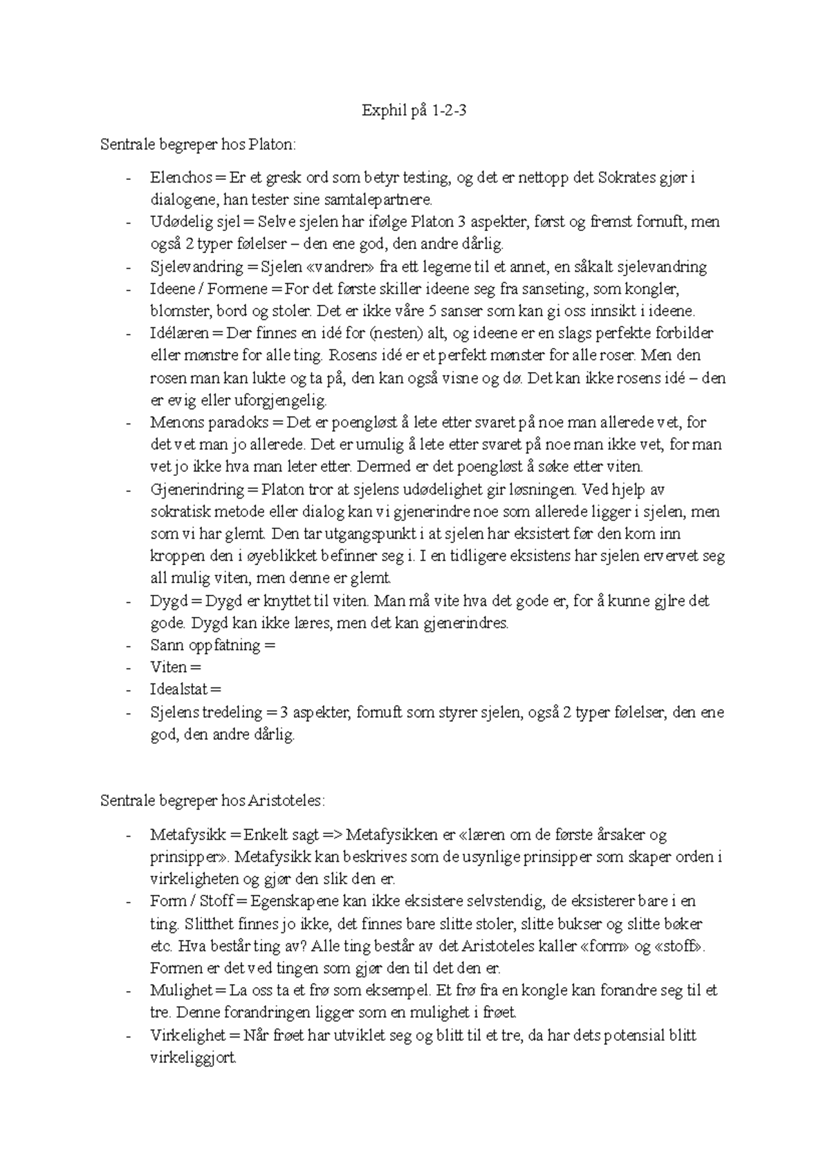 Exphil 123 - Oversikt over Sentrale Begreper hos Platon, Descartes og ...