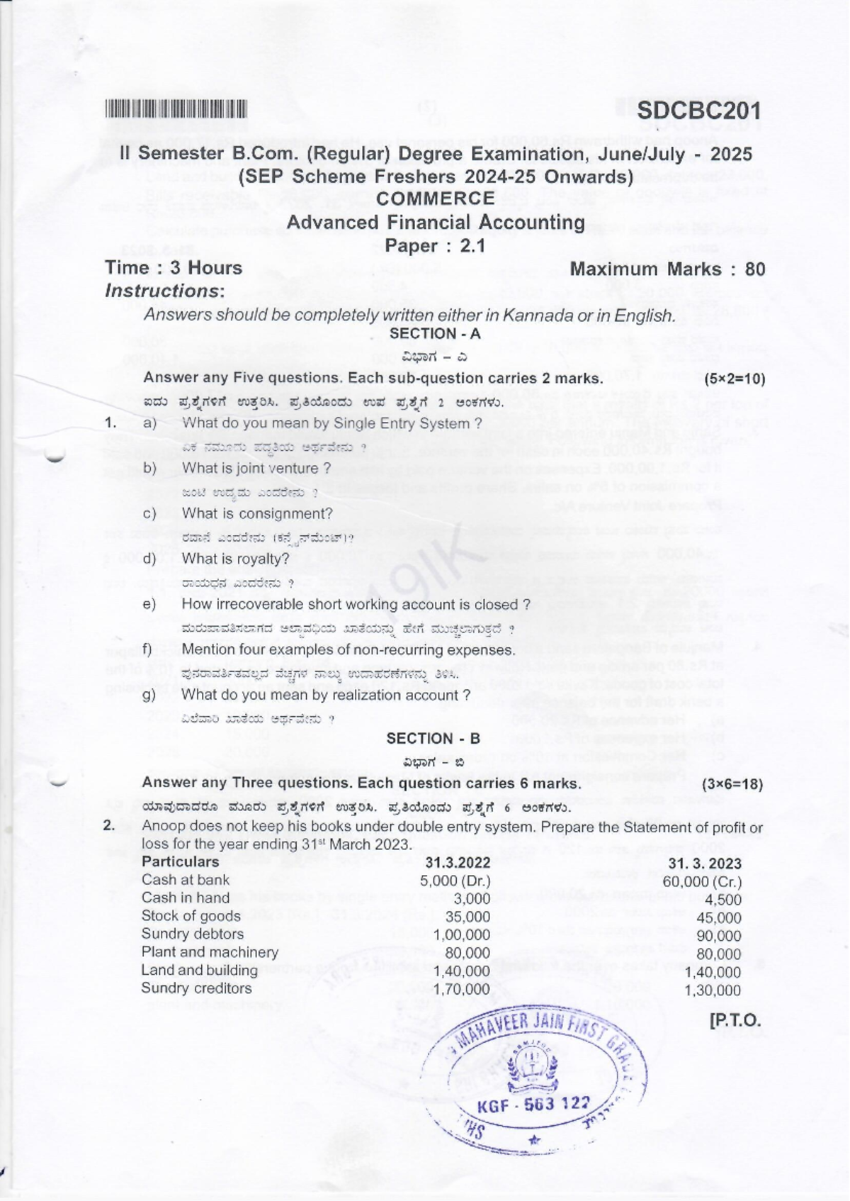 Advanced Financial Accounting SDCBC201 II Sem Exam Paper 2025 - Studocu
