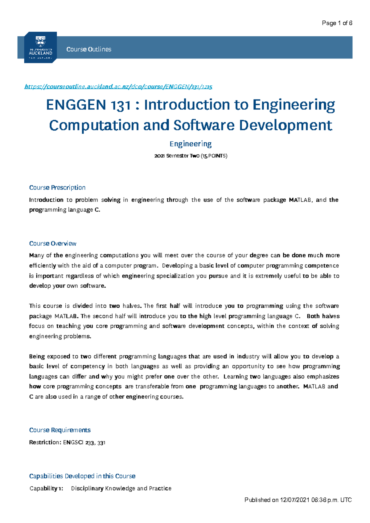 Enggen 131 - 2021 Semester Two - Course Outline - Introduction to ...