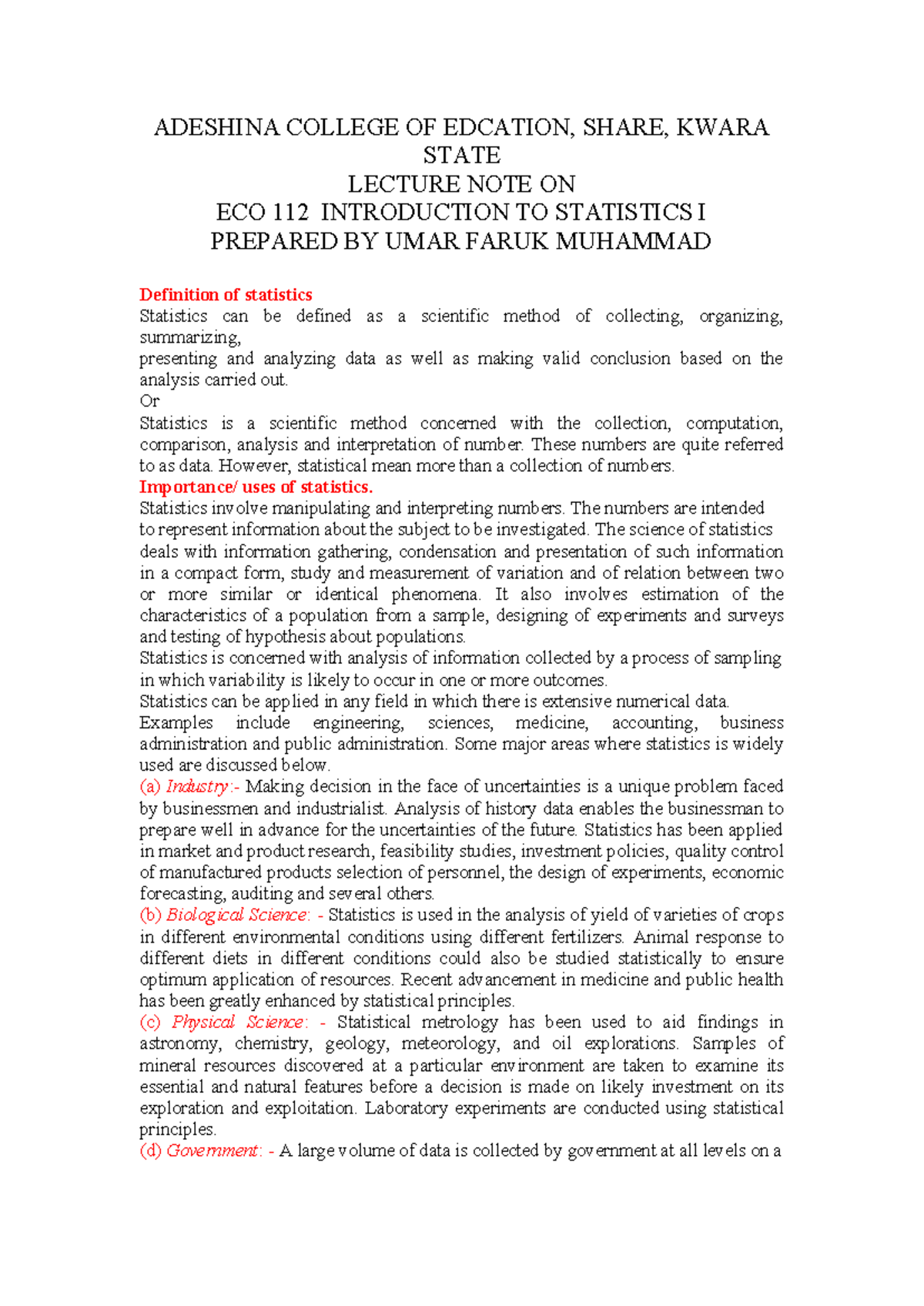ECO 112 Lecture Notes: Introduction to Statistics and Data Analysis ...