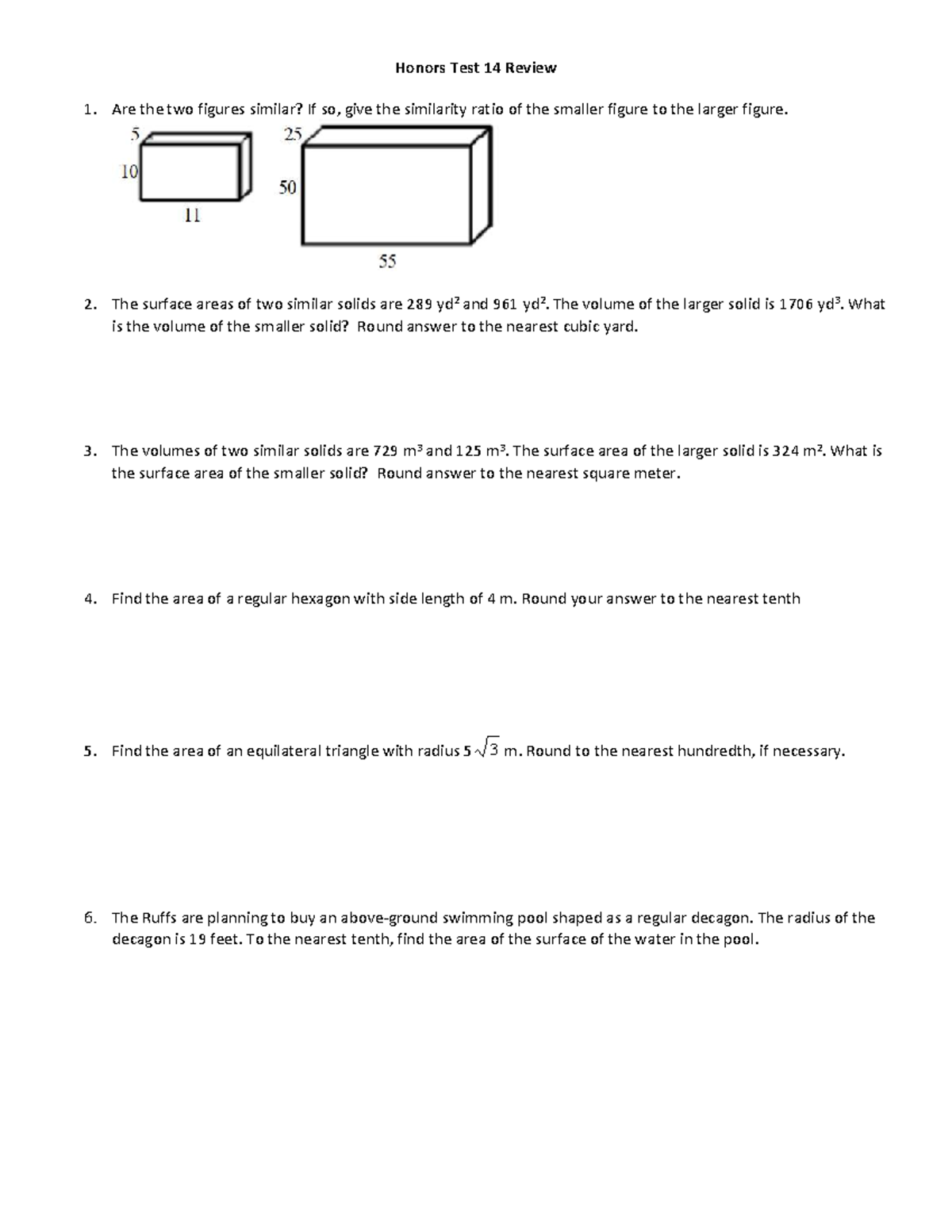 Honors Test 14 Review: Surface Area and Volume Problems - Honors Test ...