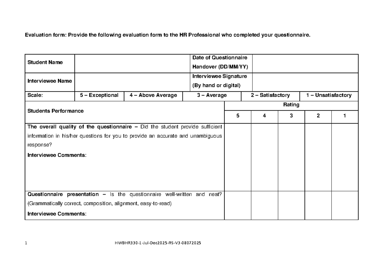 HWBHR 330-1: Evaluation Form for HR Questionnaire Feedback - Studocu