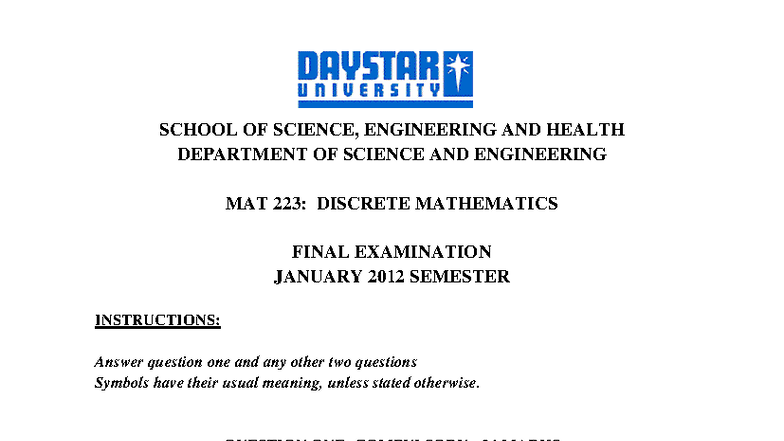 MAT 223: Discrete Mathematics Final Exam - January 2012 - Studocu