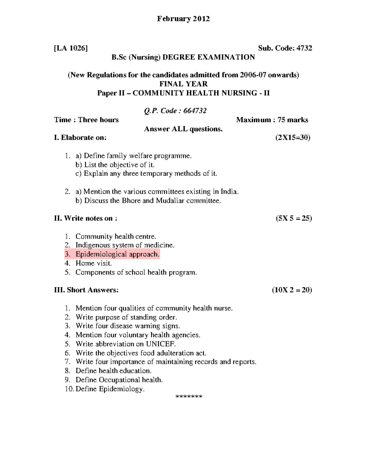 CHN 4th year question paper - [LA 1026] Sub. Code: 4732 B (Nursing ...