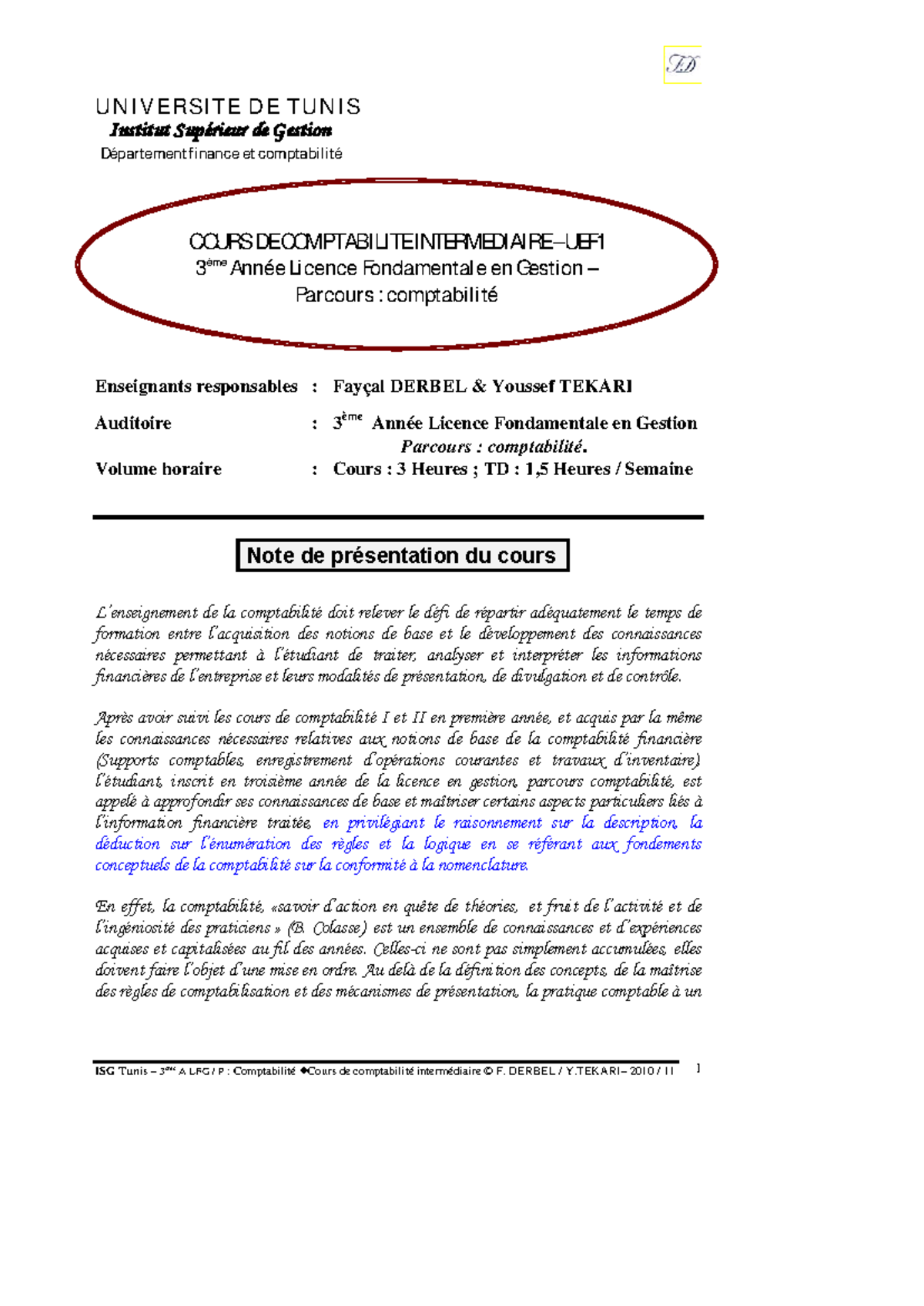 ISG Tunis 3ème A LFG P : Cours de Comptabilité Intermédiaire 2011 - Studocu