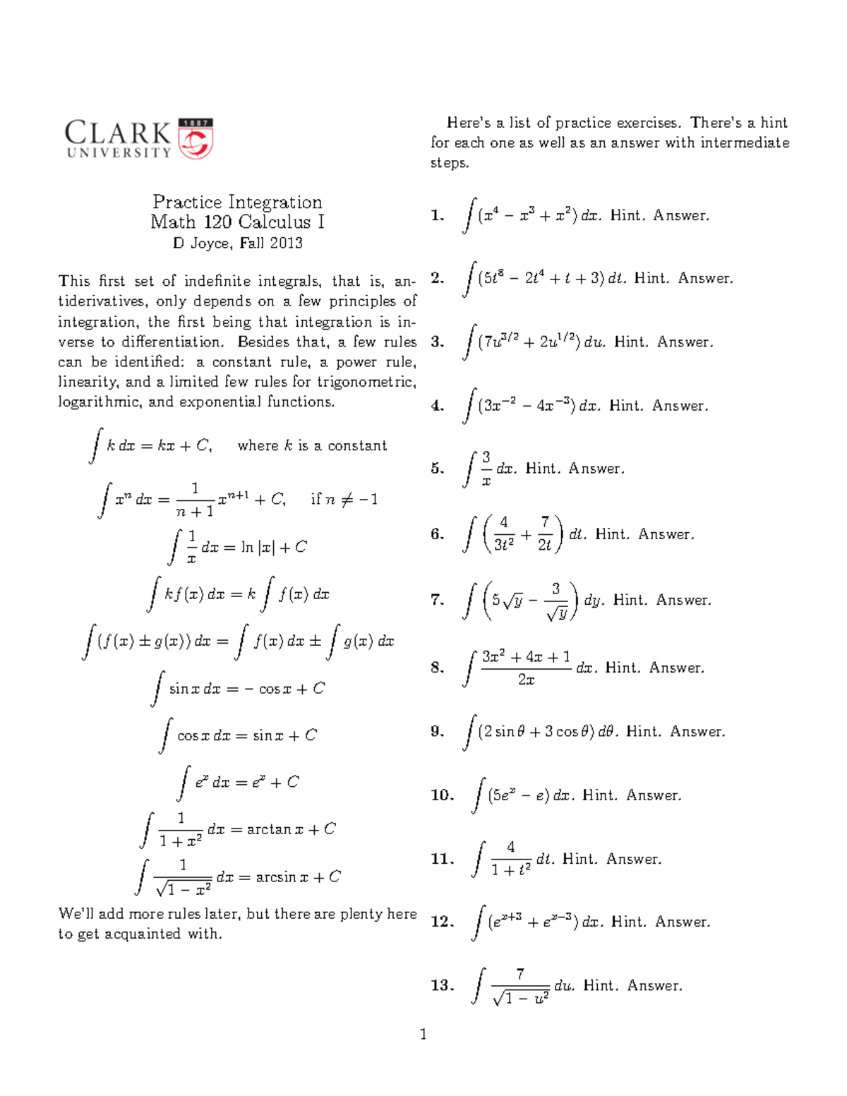 Math 120 Calculus I - Practice with Indefinite Integrals - Studocu